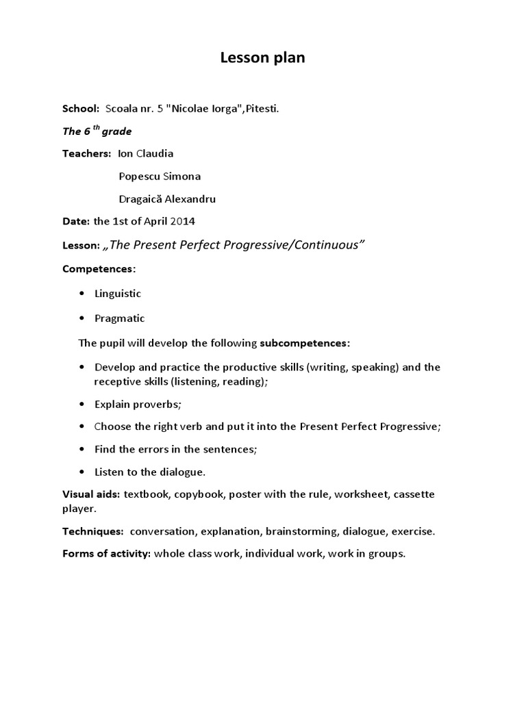 Present Perfect Continuous Lesson Plan | PDF | Lesson Plan | Linguistics