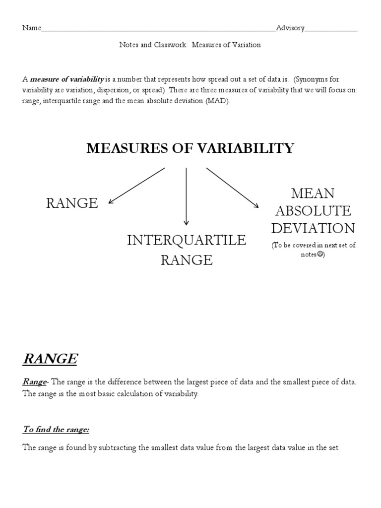 Notes Measures of Variation Range and Interquartile Range | PDF ...