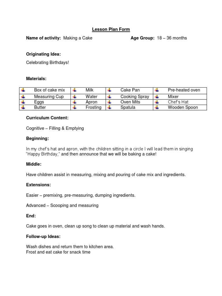 Cake Baking Lesson Plan for Toddlers | PDF