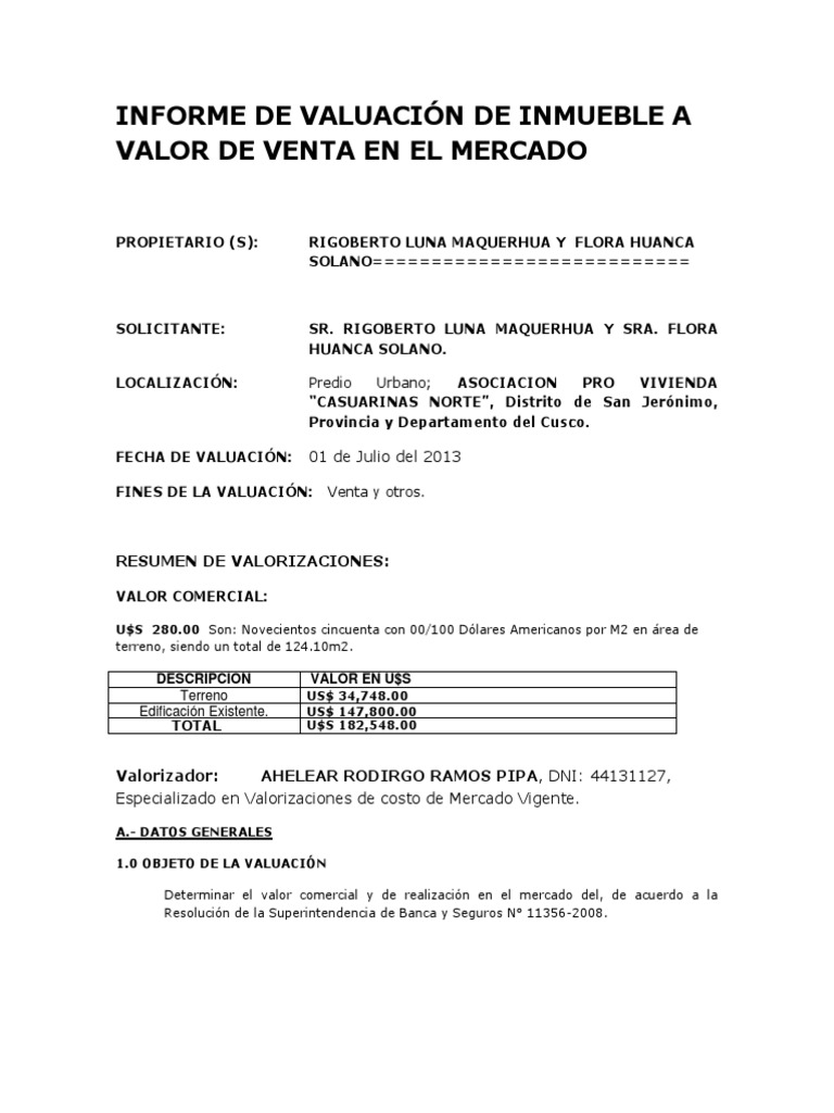 INFORME DE VALUACIÓN DE INMUEBLE A VALOR DE VENTA EN EL MERCADO.docx ...