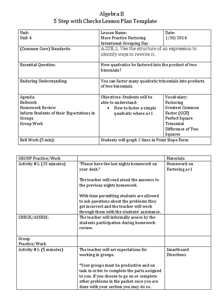 Algebra II Sample Lesson Mild Medium Spicy | PDF | Homework | Factorization
