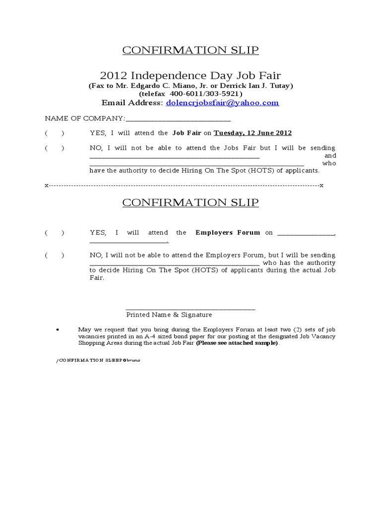 2012 Independence Day Job Fair Confirmation | PDF