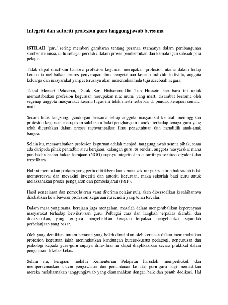 Integriti Dan Autoriti Profesion Guru Tanggungjawab Bersama | PDF