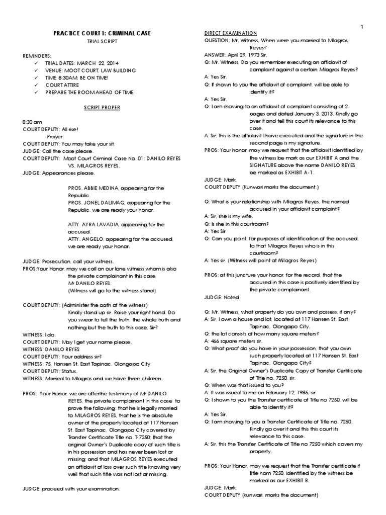 Mock Trial Script: Criminal Case | PDF | Law
