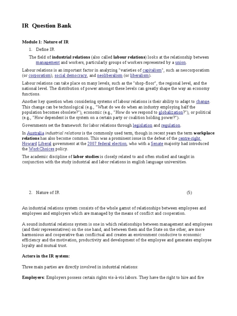 IR Question Bank: Module 1: Nature of IR | PDF | Industrial Relations ... IR Question Bank: Module 1: Nature of IR | PDF | Industrial Relations ...
