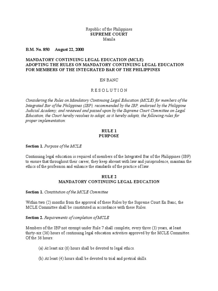 BM 850 Revised Rules On MCLE | PDF | Vocational Education | Legal Education