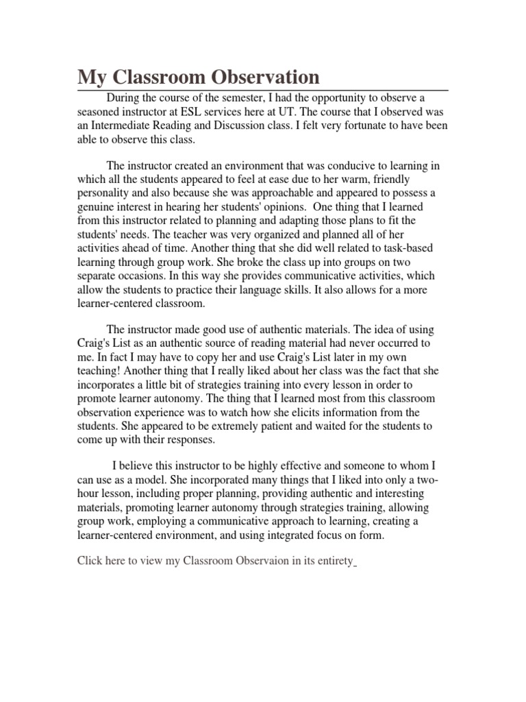 My Classroom Observation | PDF | Classroom | English As A Second Or ...