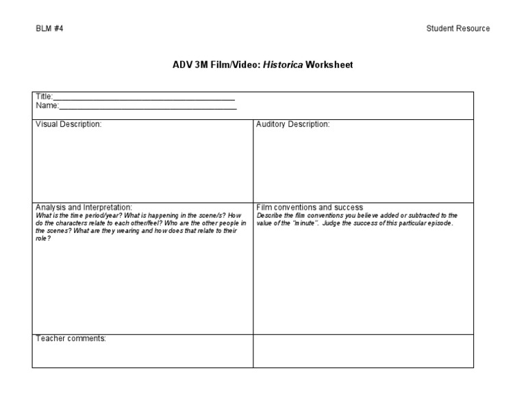 ADV 3M Film/Video: Historica Worksheet: BLM #4 Student Resource | PDF ...