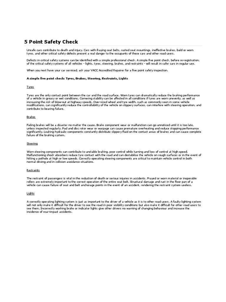 5 Point Safety Check | PDF | Tire | Traffic Collision