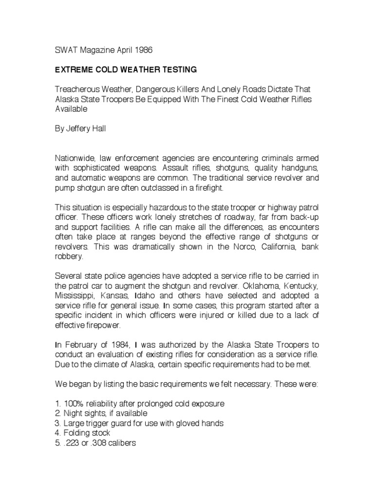 SWAT Extreme Cold Weather Test - April 1986 | PDF | Rifle | Shotgun