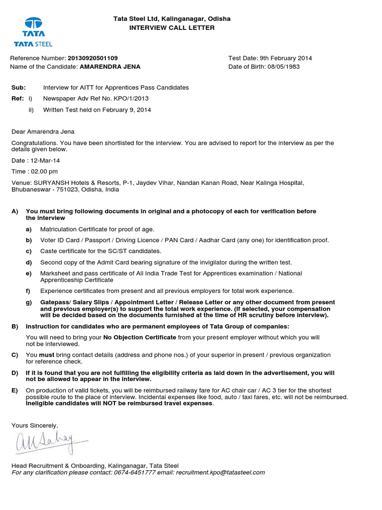 Call letter 20130920501109 Identity Document Apprenticeship