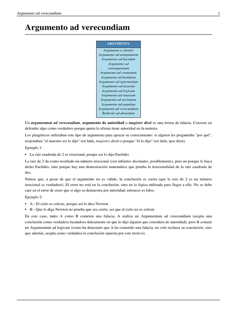 Ejemplos de Argumento Ad Verecundiam | PDF | Razonamiento | Lógica