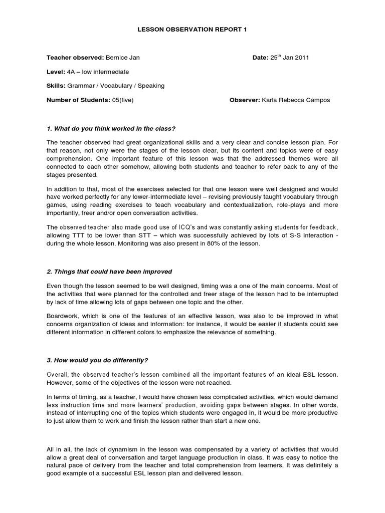 Lesson Observation Report 1 | PDF | Reading Comprehension | English As ...