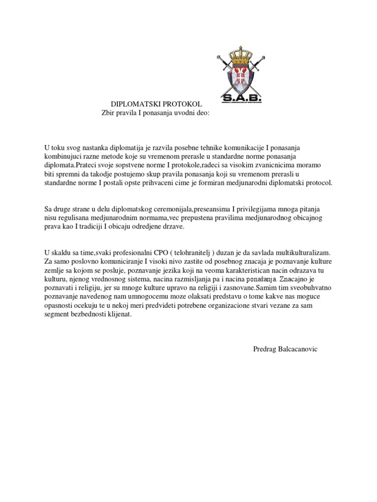 Diplomatski Protokol-Srpska Asocijacija Telohranitelja | PDF