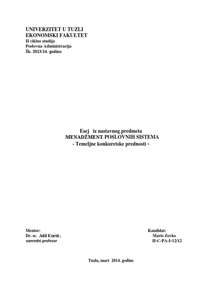 Temeljne Konkurentske Prednosti - Esej | PDF