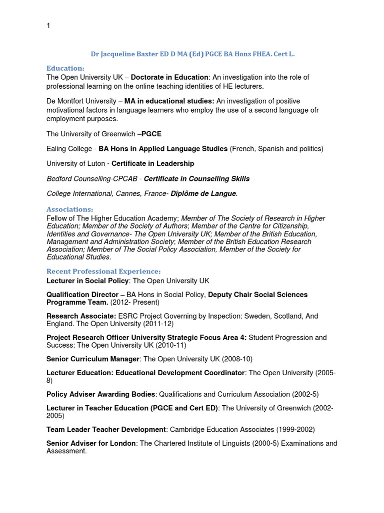 Jacqueline Baxter ED D. CV | PDF | University | Lecturer