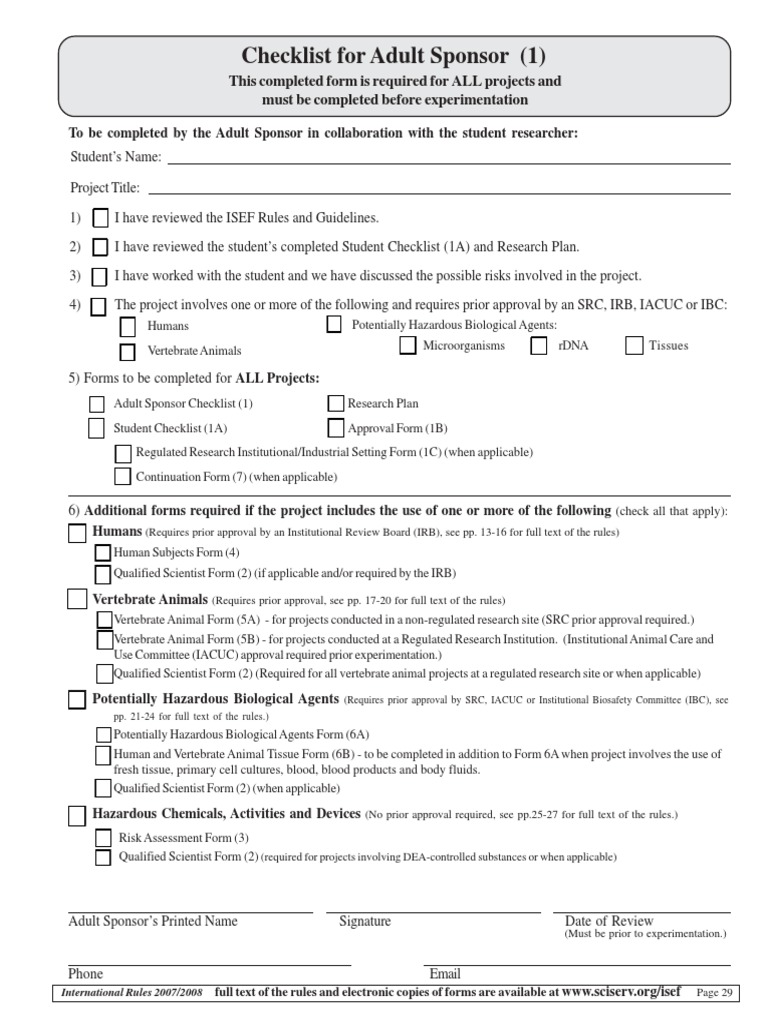 Checklist For Adult Sponsor | PDF | Institutional Review Board | Biology