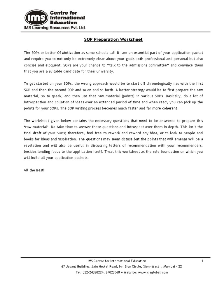 SOP WorkSheet | PDF | Epistemology | Cognitive Science