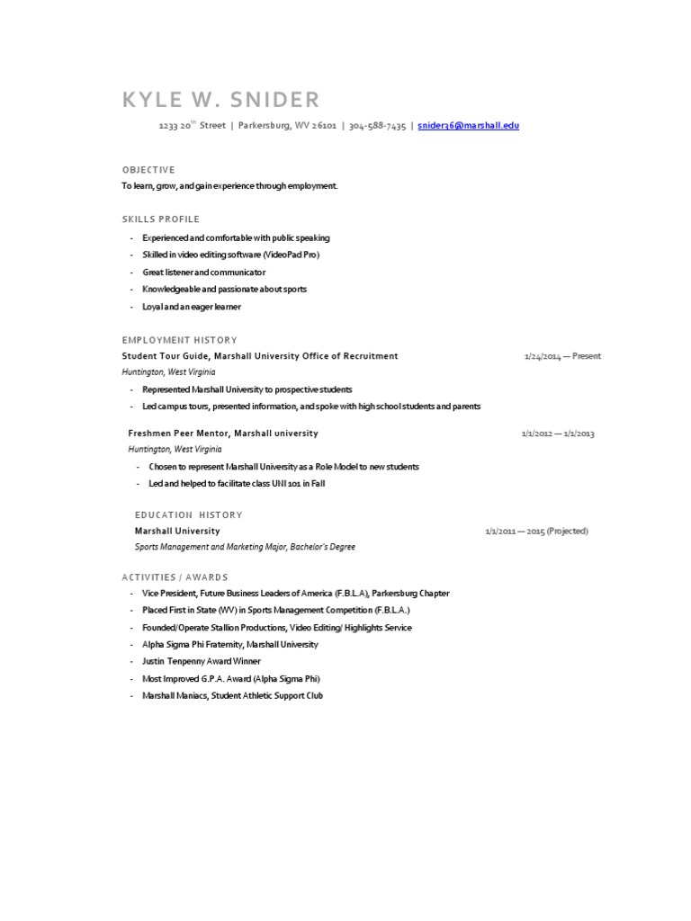 Kyle Snider's Resume: Sports Management & Marketing | PDF | Career & Growth