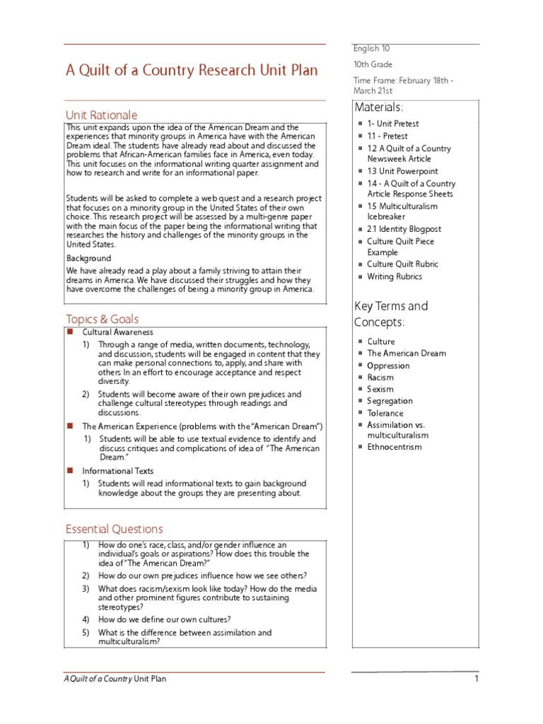 A Quilt of A Country Unit Plan | PDF | Vocabulary | Educational Assessment