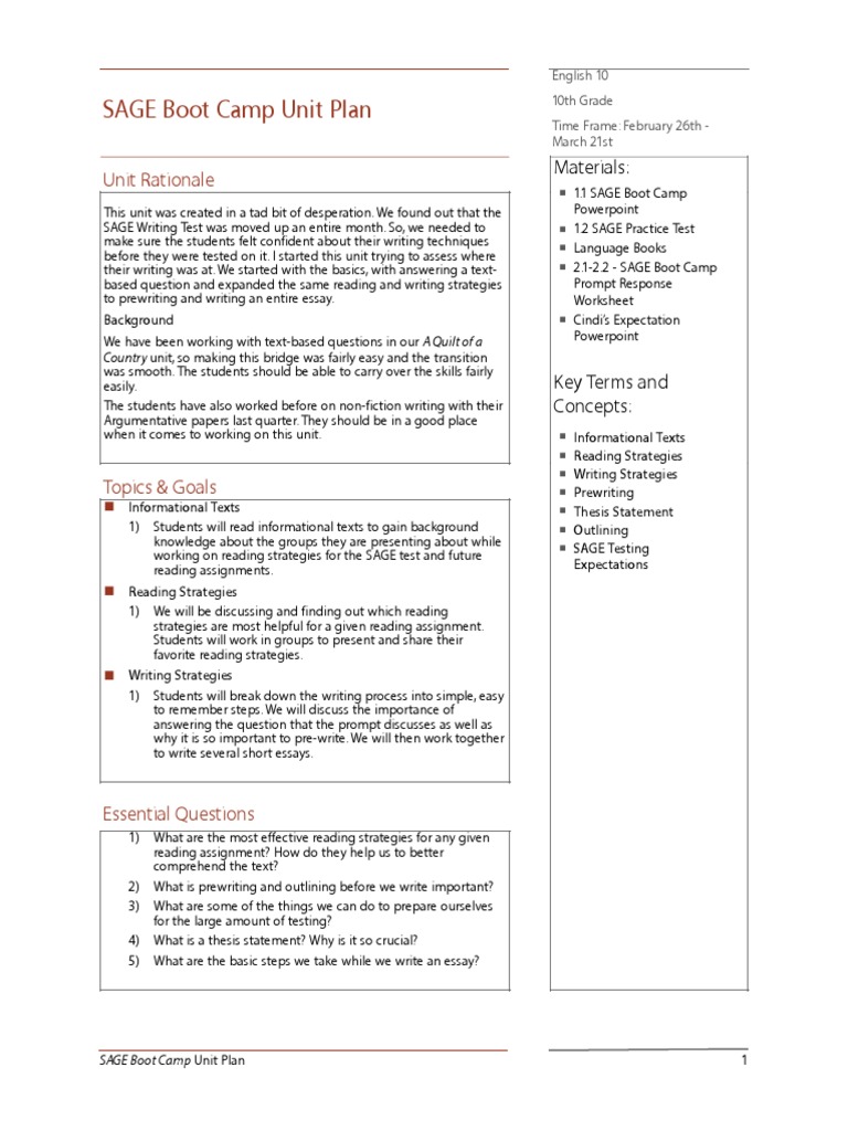 Sage Boot Camp Unit Plan | PDF | Educational Assessment | Reading (Process)
