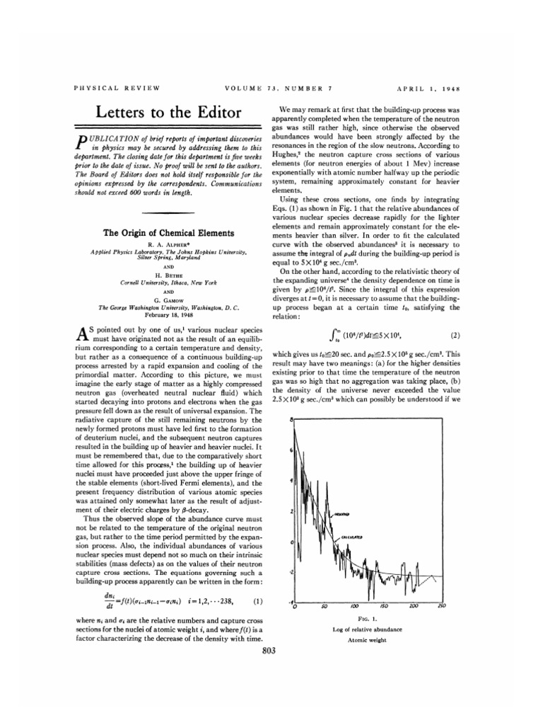 The Origin of Chemical Elements - 1948 - Gamow, Bethe, Alpher | PDF ...