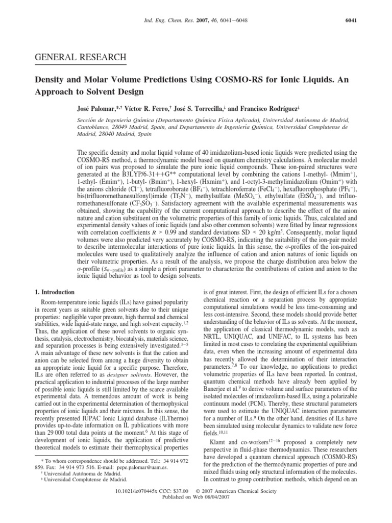 Density and Molar Volume Predictions Using COSMO-RS For Ionic Liquids. An Approach To Solvent ...