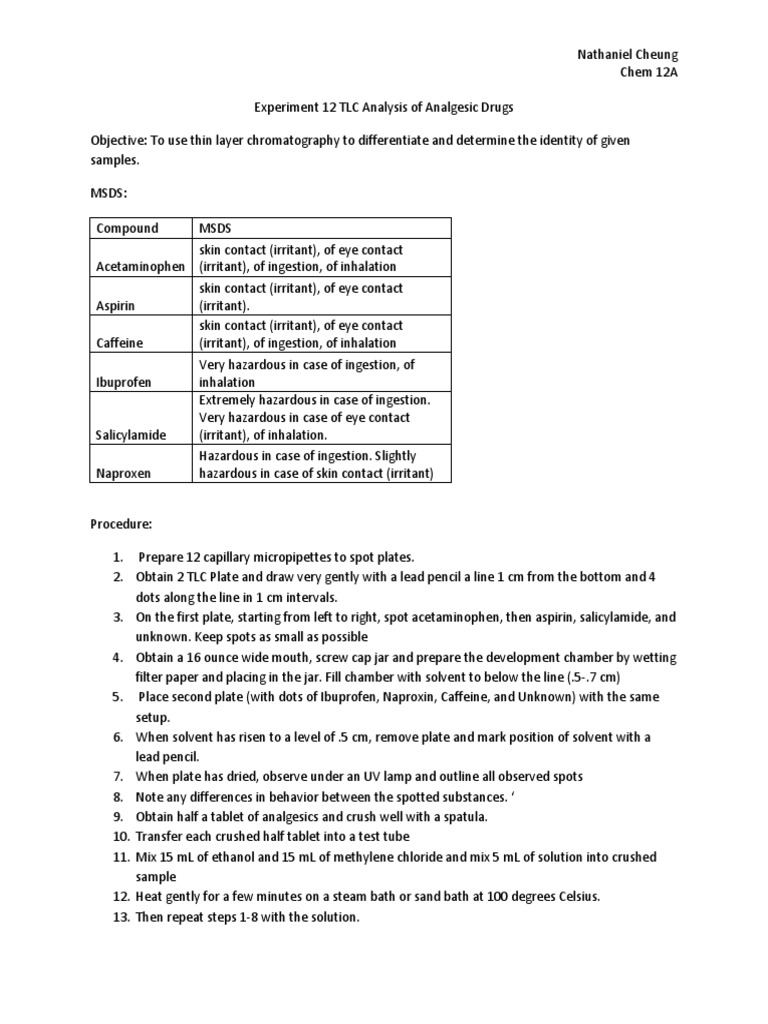 TLC Analysis of Analgesic Drugs Experiment | PDF | Thin Layer ...
