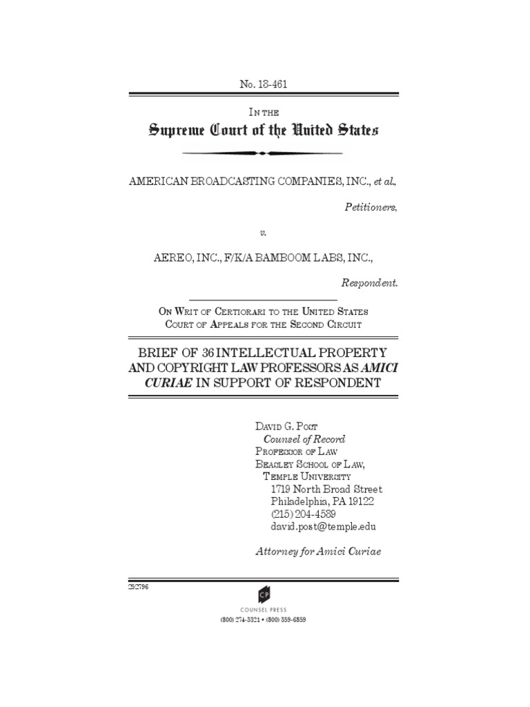 ABC v. Aereo, Supreme Court: Amicus Brief of 36 IP and Copyright Law ...