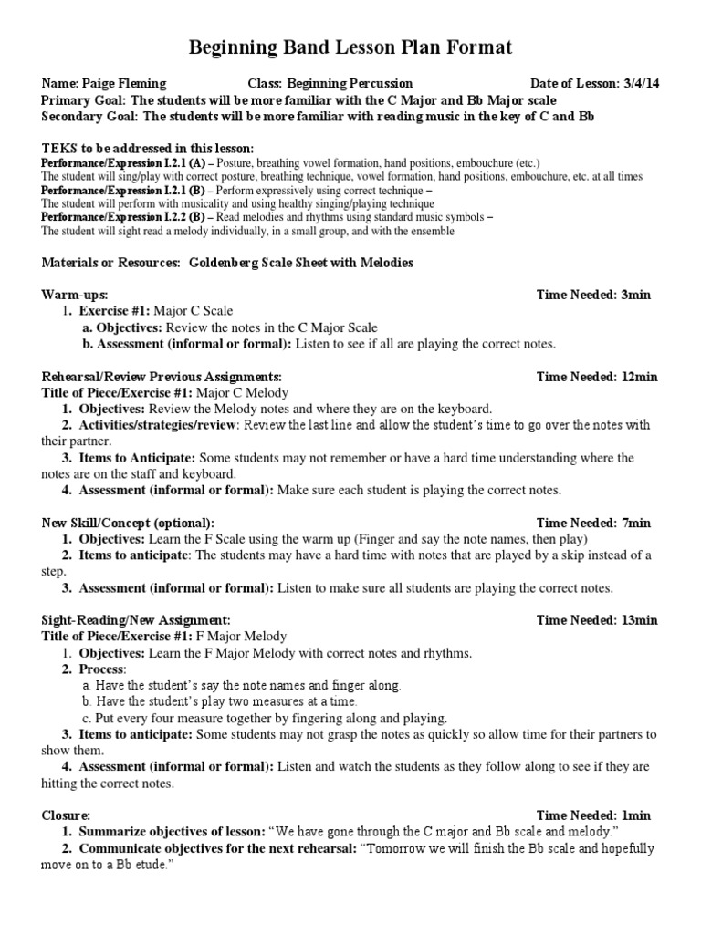 Beginning Percussion Lesson Plan | PDF | Lesson Plan | Educational ...