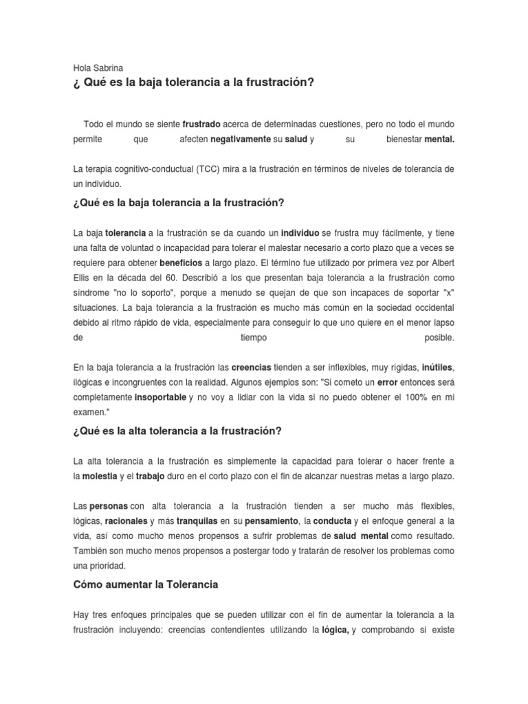 Baja Tolerancia A La Frustracion | PDF | Tolerancia | Metafísica de la mente