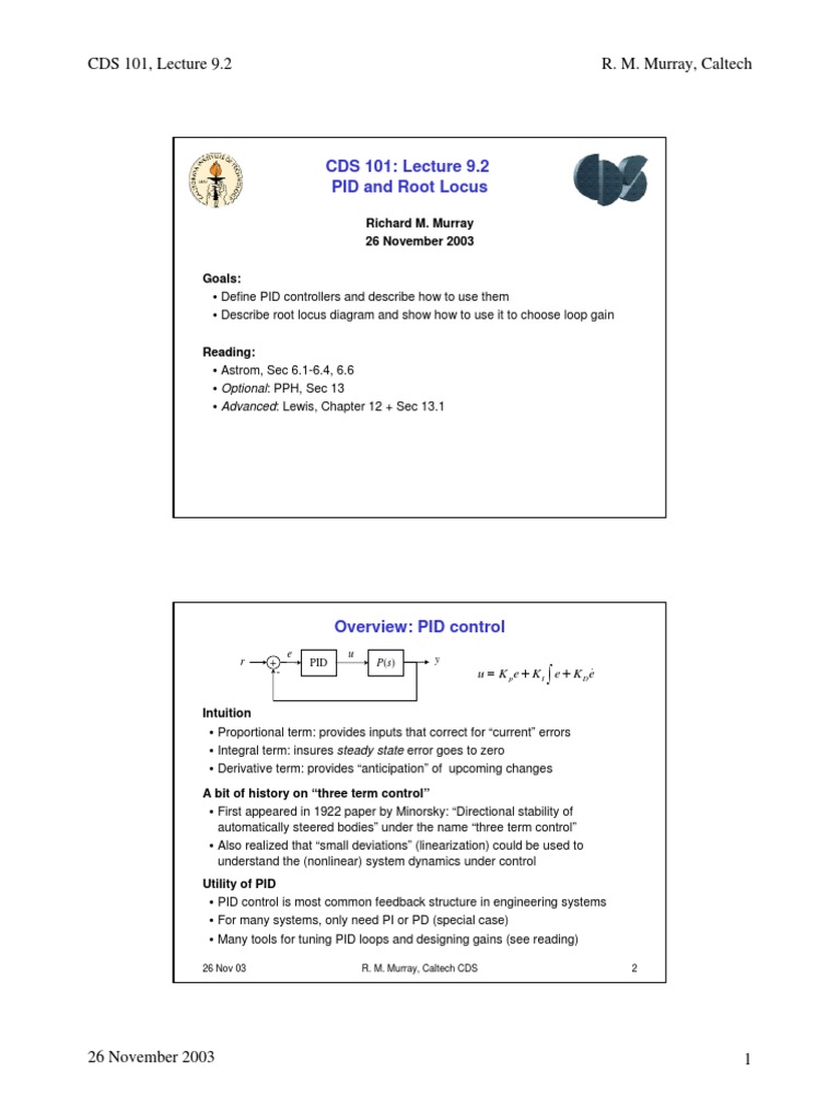 CDS 101, Lecture 9.2 R. M. Murray, Caltech | PDF | Control Theory | Systems Theory