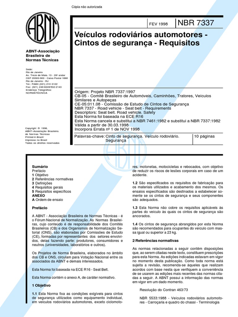 NBR 7337 (Fev 1998) - Veículos Rodoviários Automotores - Cintos de ...