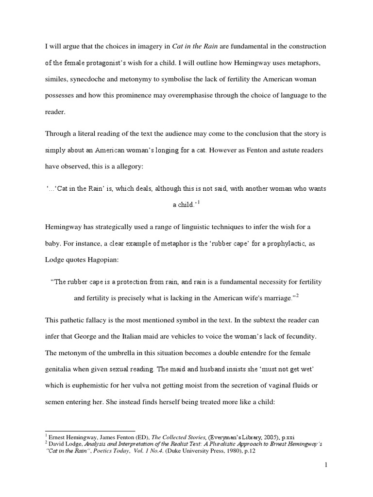 A Short Critical Analysis of 'Cat in The Rain' by Ernest Hemingway ...