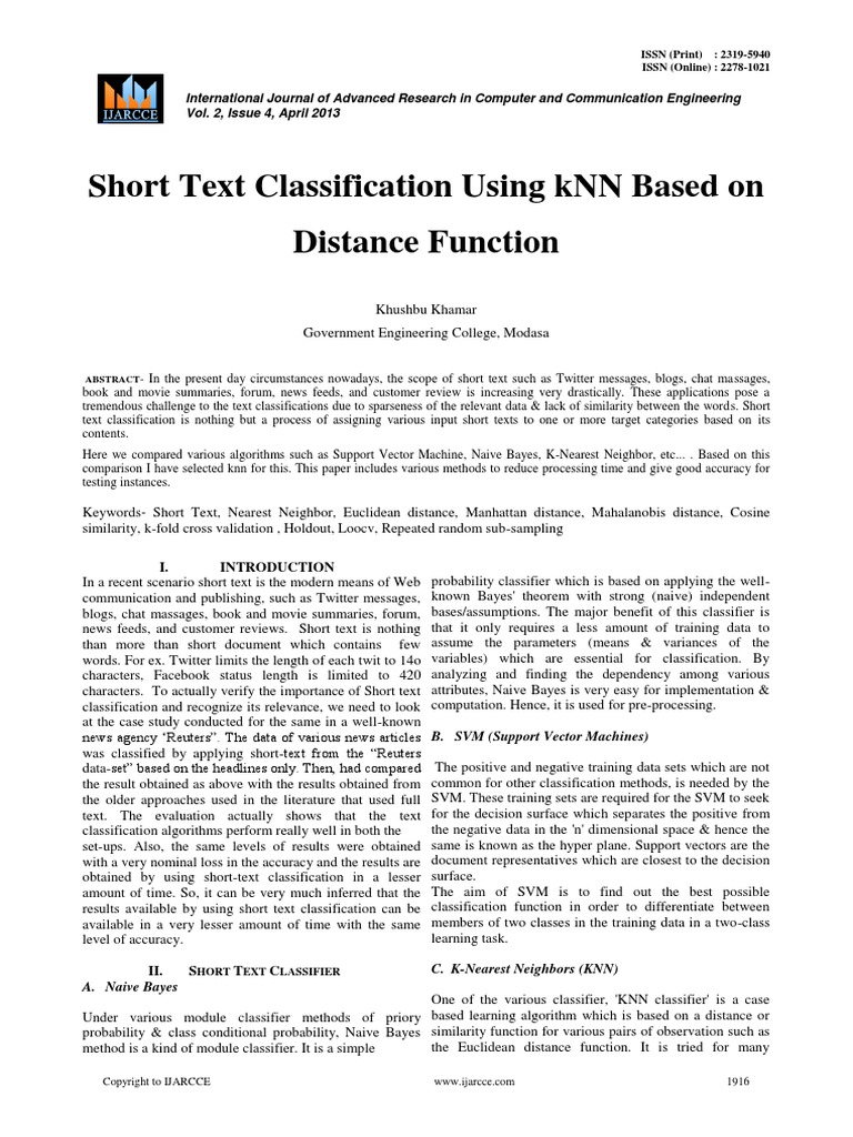 58-Khushbu Khamar-Short Text Classification USING | PDF | Statistical Classification | Support ...