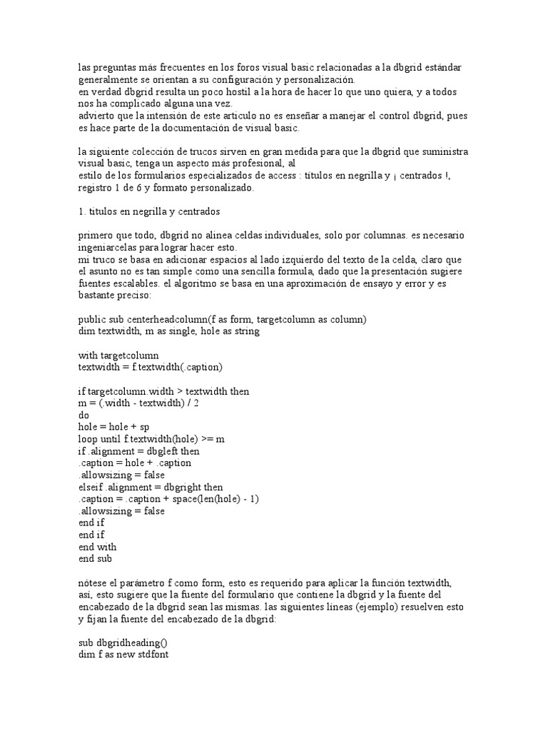 Trucos para Personalizar DBGrid en VB | PDF | Tabla (base de datos) | SQL