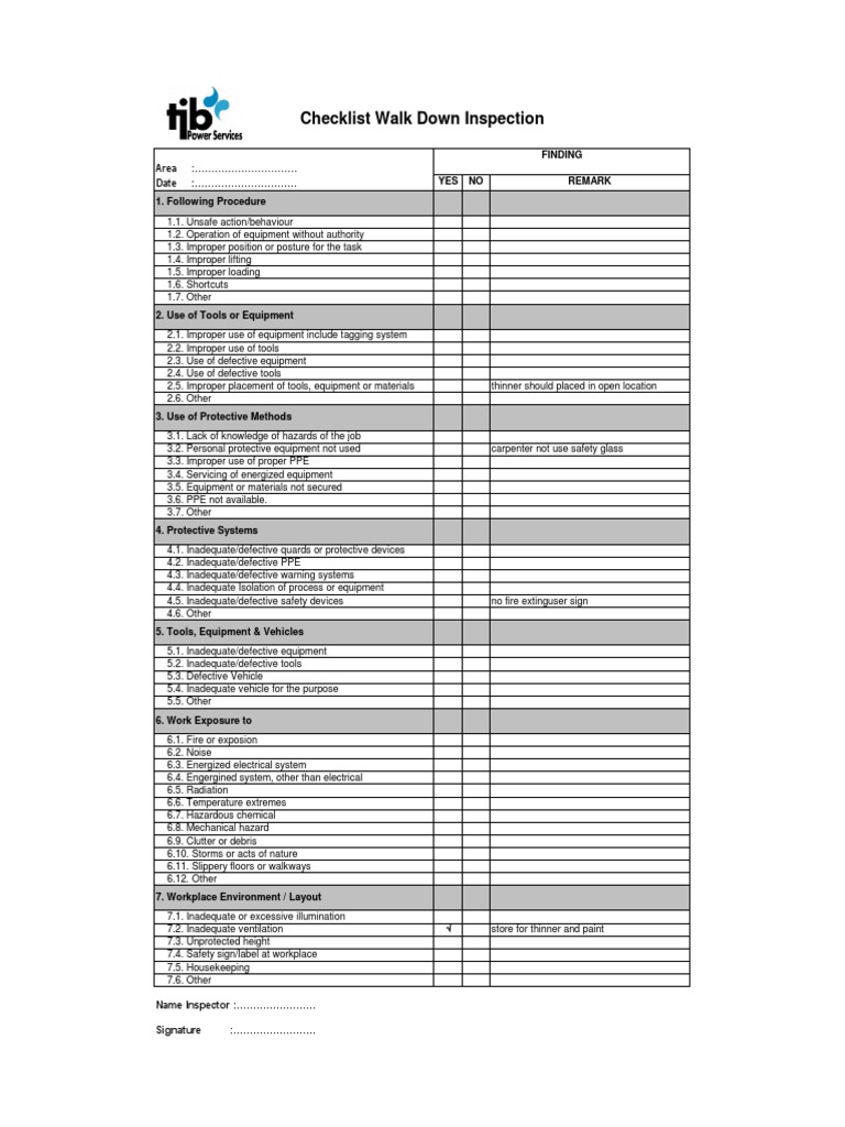 Safety Walkdown Inspection Checklist | PDF