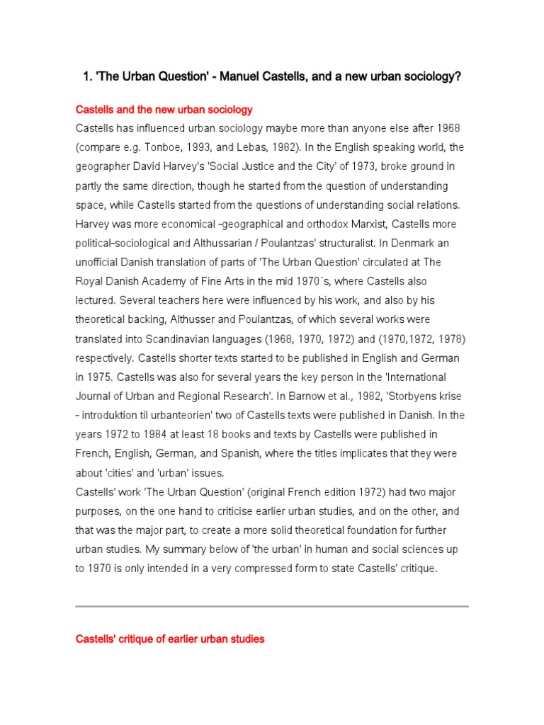 The Urban Question Manuel Castells, and A New Urban Sociology | PDF ...