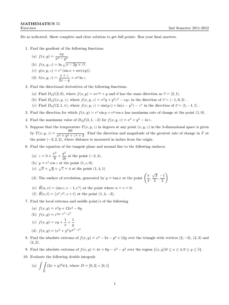 Math 55 Exercises First Exam | PDF