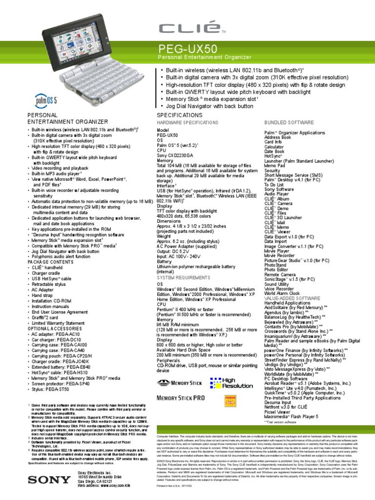 Sony Clie PEG-UX50 Handheld | PDF | Usb Flash Drive | Bluetooth