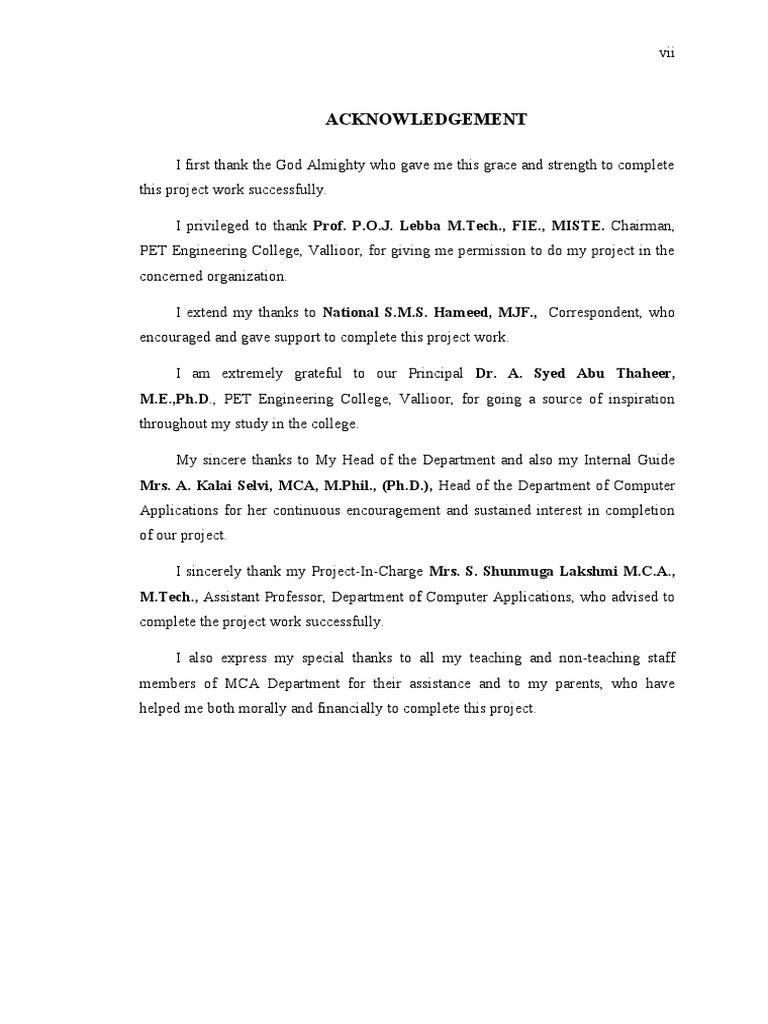 Acknowledgement: M.E.,Ph.D., PET Engineering College, Vallioor, For ...