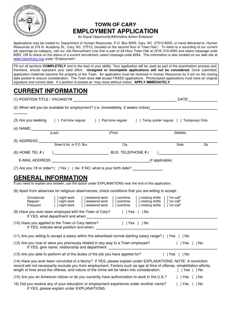 Employment Application: Town of Cary | PDF | Race And Ethnicity In The ...