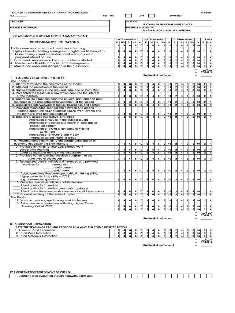 Teacher Classroom Observation Checklist | PDF | Educational Assessment ...