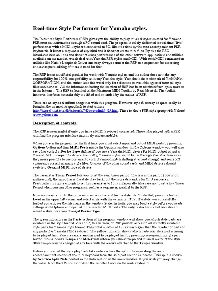 Real-Time Style Performer For Yamaha Styles.: Description of Controls ...