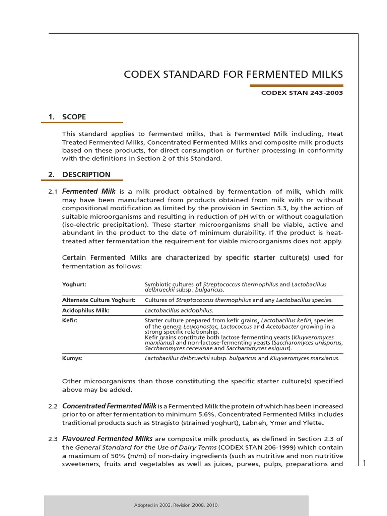 Codex Stan 243-2003 STD For Fermented Milks | PDF | Yogurt | Milk