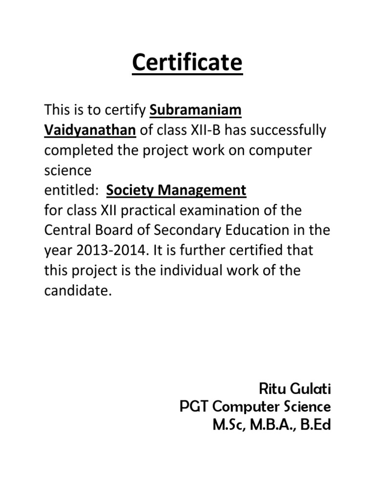 Certificate: Vaidyanathan of Class XII-B Has Successfully | PDF
