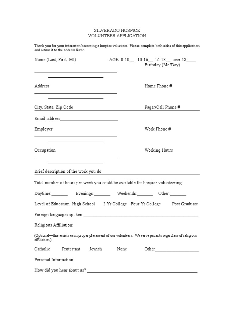 Application Form SILVERADO HOSPICE Volunteer | PDF | Business