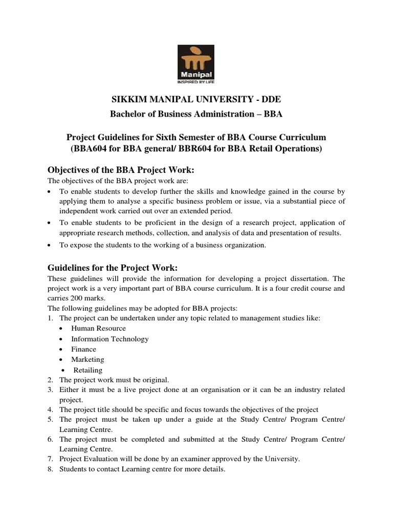 BBA Project Guidelines - Sikkim Manipal | PDF | Data Analysis | Retail