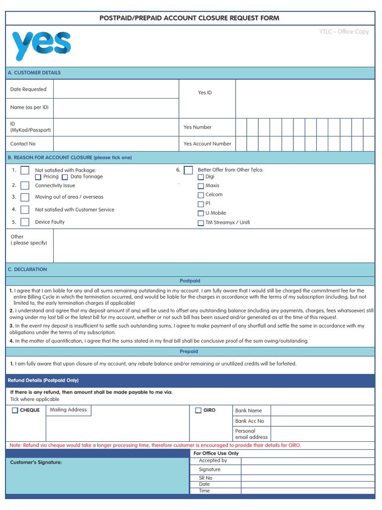 Yes Account Closure Request Form | PDF