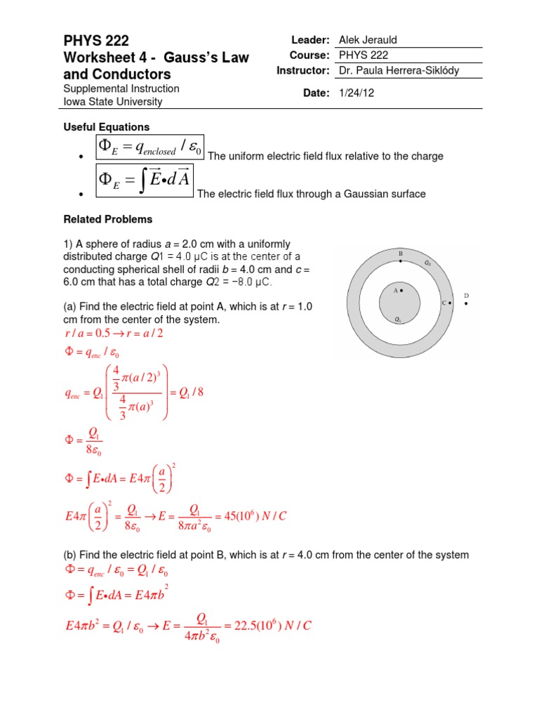 PHYS 222 11-20 Herrera-Siklody Ajerauld PHYS 222 Worksheet 4 Gauss S ...